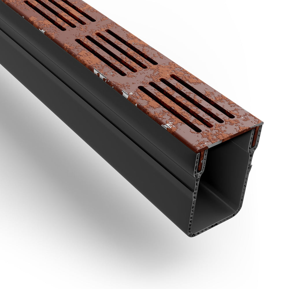 Slim Threshold Channel Drain With Corten Steel Grating 1000mm – Spudulica